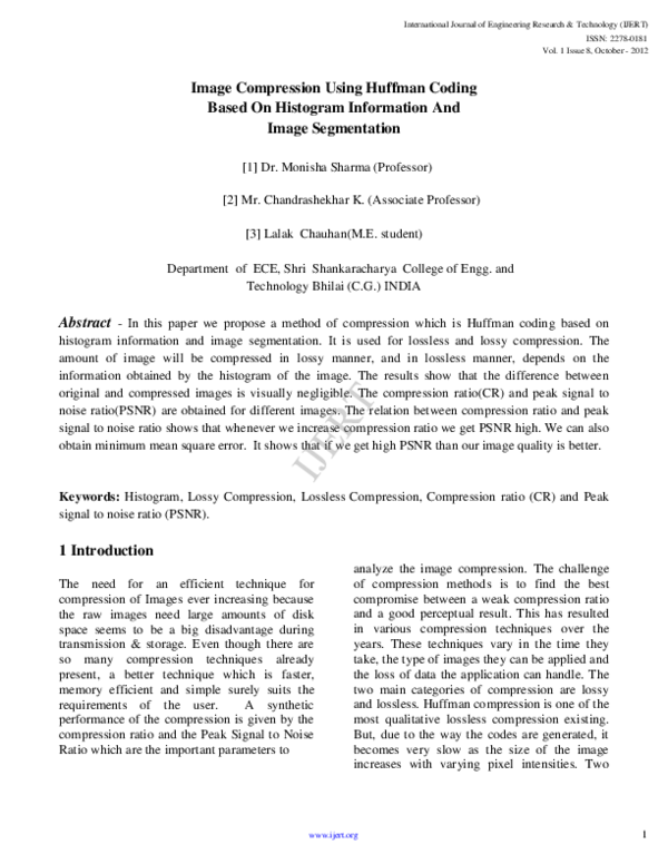 (PDF) Image Compression Using Huffman Coding Based On Histogram ...