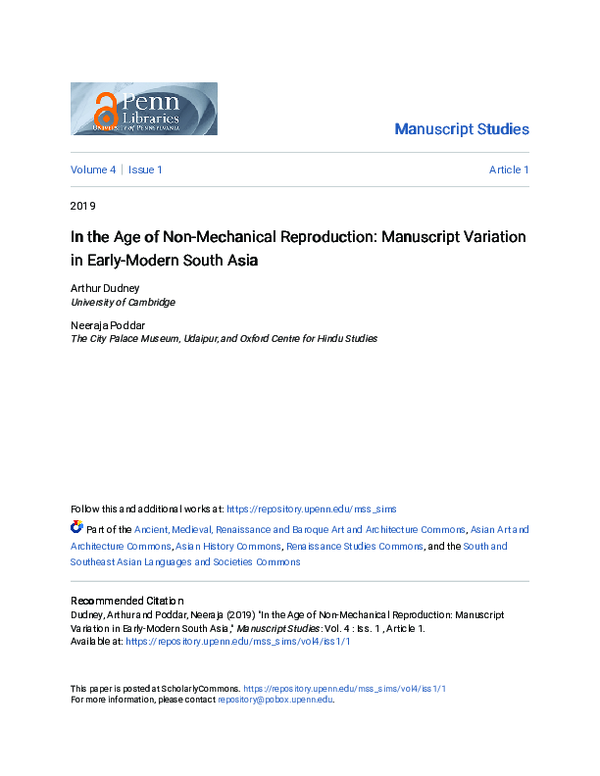 (PDF) “In the Age of Non-Mechanical Reproduction: Manuscript Variation ...