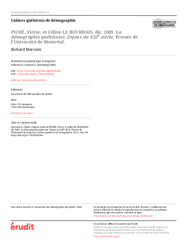 (PDF) PICHÉ, Victor, et Céline LE BOURDAIS, dir. 2003. La démographie ...