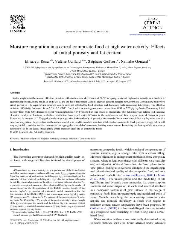 (PDF) Moisture migration in a cereal composite food at high water activity: Effects of initial ...