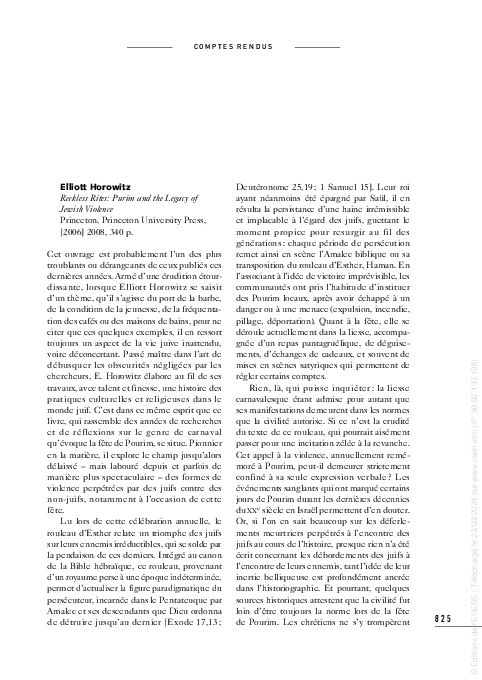 (PDF) Elliott Horowitz, Reckless Rites: Purim and the Legacy of Jewish ...