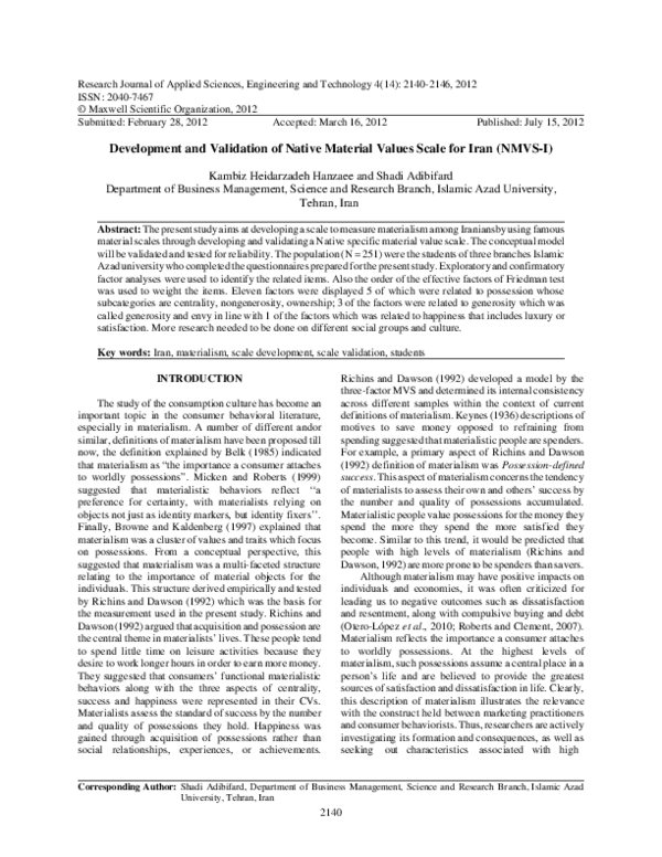 (PDF) Development and Validation of Native Material Values Scale for ...
