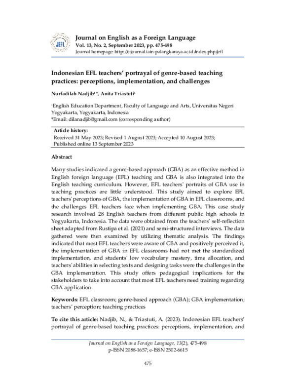 (PDF) Indonesian EFL teachers’ portrayal of genre-based teaching practices: perceptions ...