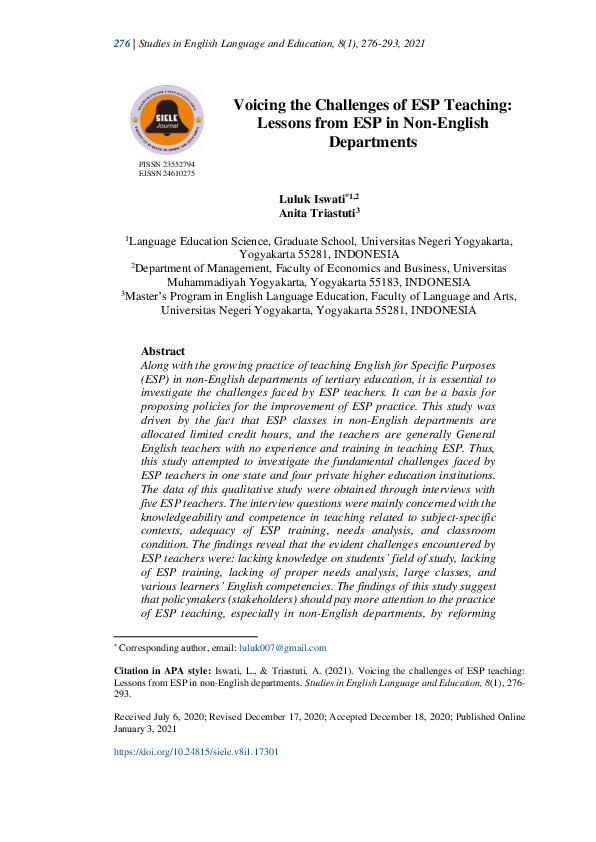 (PDF) Voicing the challenges of ESP teaching: Lessons from ESP in non-English departments