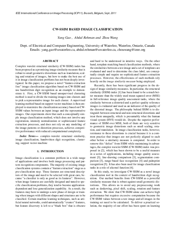 (PDF) Feature-Extraction Free Image Classification Using CW-SSIM