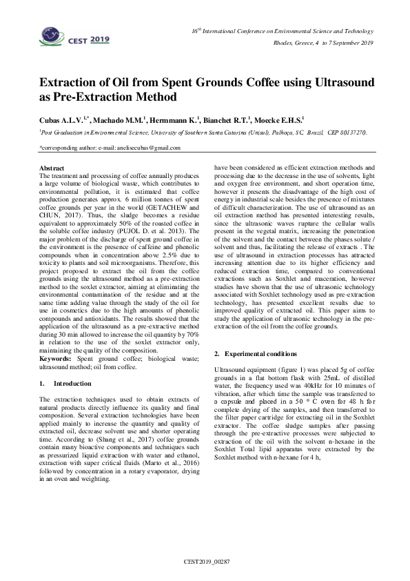 (PDF) Extraction of Oil from Spent Grounds Coffee using Ultrasound as Pre-Extraction Method