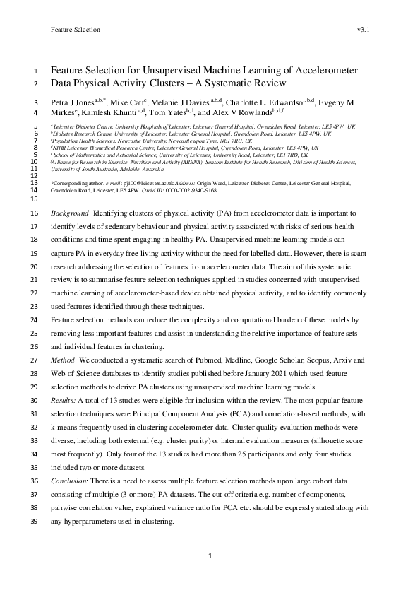 Pdf Feature Selection For Unsupervised Machine Learning Of Accelerometer Data Physical