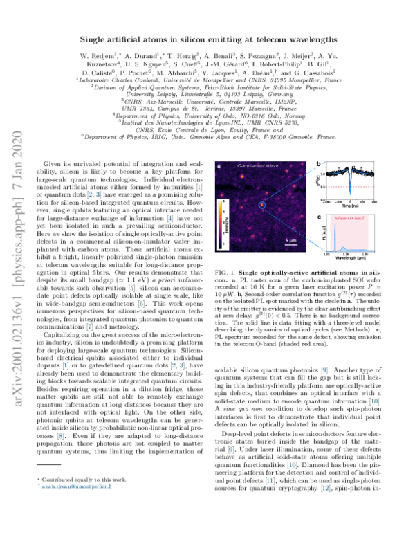 (PDF) Single artificial atoms in silicon emitting at telecom wavelengths | Jean-michel Gérard ...