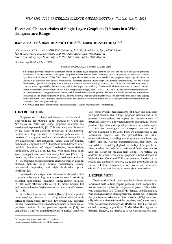 (PDF) Electrical Characteristics of Single Layer Graphene Ribbons in a ...