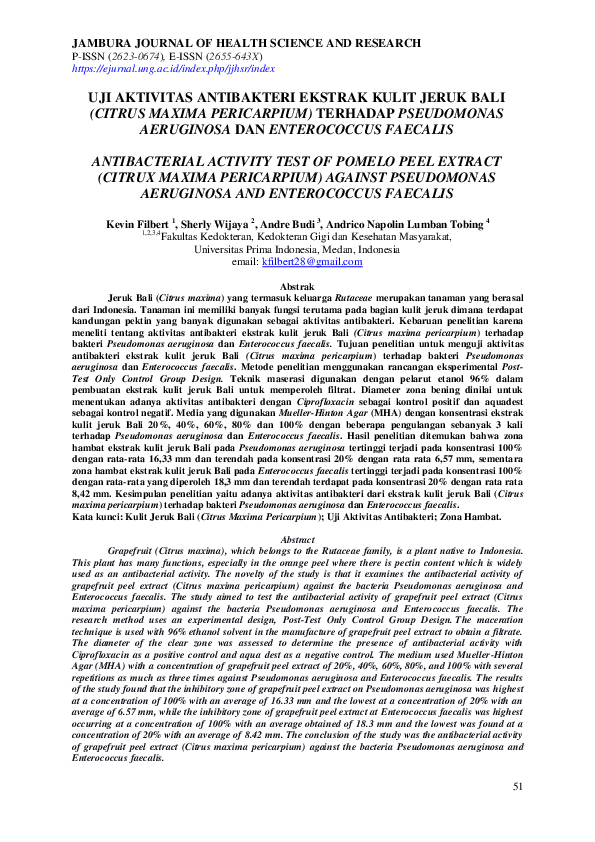 (PDF) Antibacterial Activity Test of Pomelo Peel Extract (Citrux Maxima ...