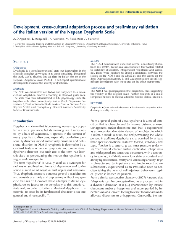 Pdf Development Cross Cultural Adaptation Process And Preliminary Validation Of The Italian