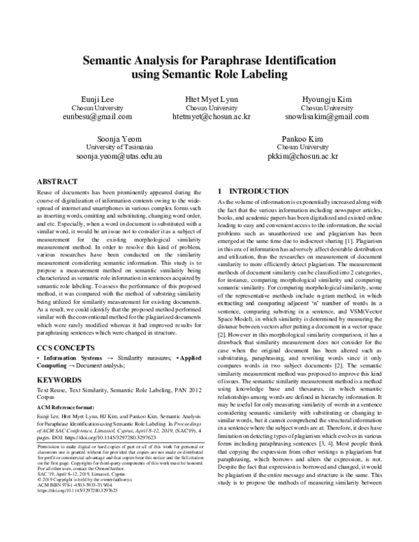 (PDF) Semantic analysis for paraphrase identification using semantic role labeling