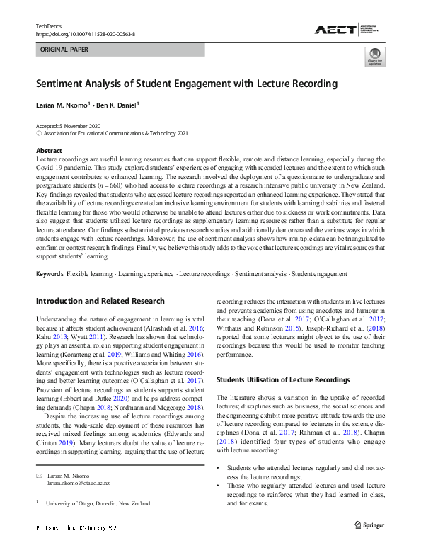 (PDF) Sentiment Analysis of Student Engagement with Lecture Recording