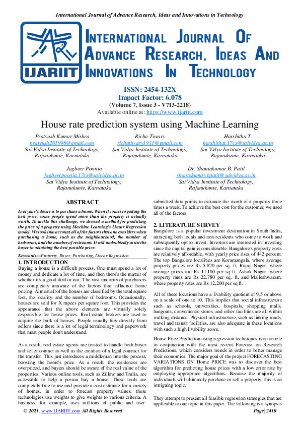 (PDF) House rate prediction system using Machine Learning