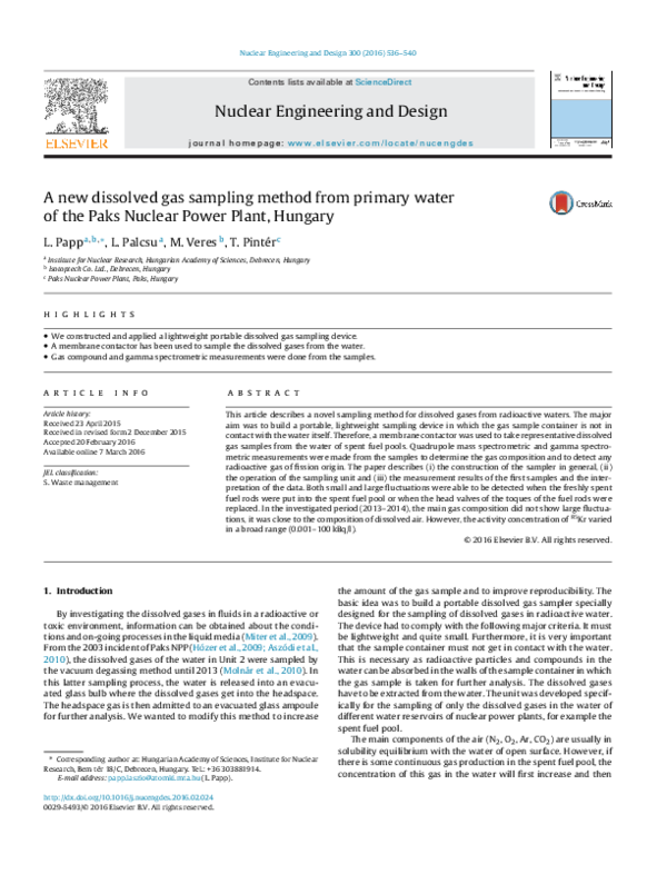 (PDF) A new dissolved gas sampling method from primary water of the ...