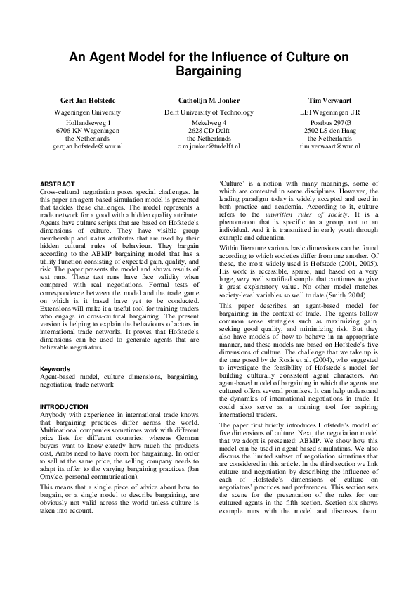 (PDF) An agent model for the influence of culture on bargaining