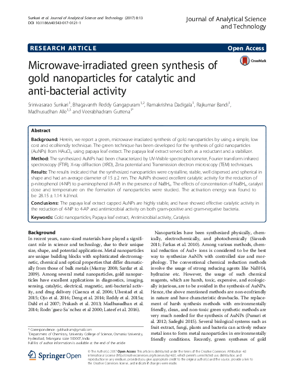 (PDF) Microwave-irradiated green synthesis of gold nanoparticles for catalytic and anti ...