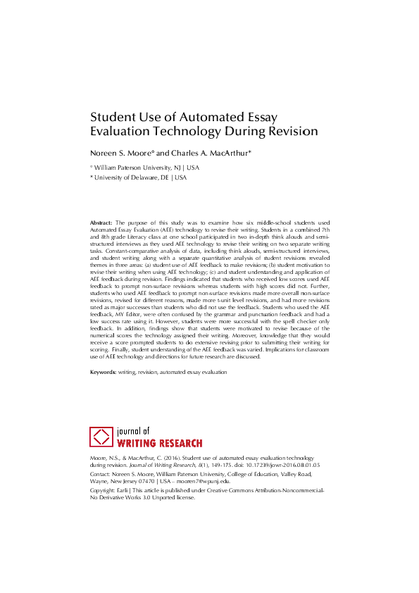 (PDF) Student Use of Automated Essay Evaluation Technology During Revision