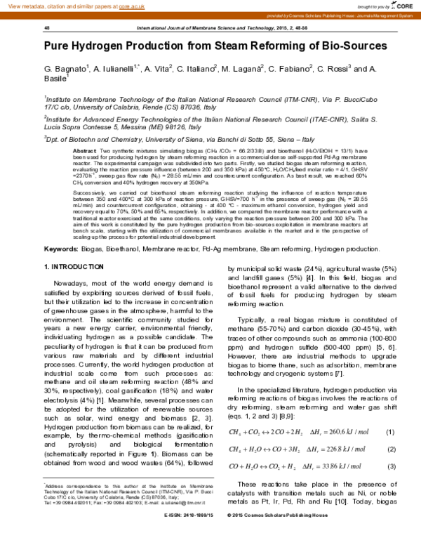 (PDF) Pure Hydrogen Production from Steam Reforming of Bio-Sources