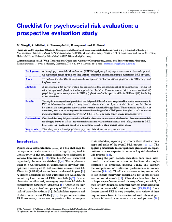 (PDF) Checklist for psychosocial risk evaluation: a prospective ...