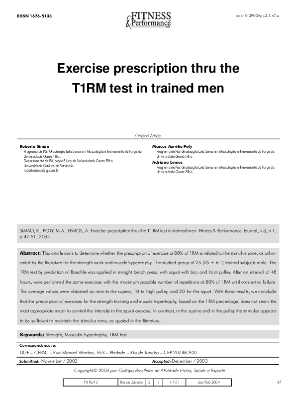 (PDF) Exercise prescription thru the T1RM test in trained men