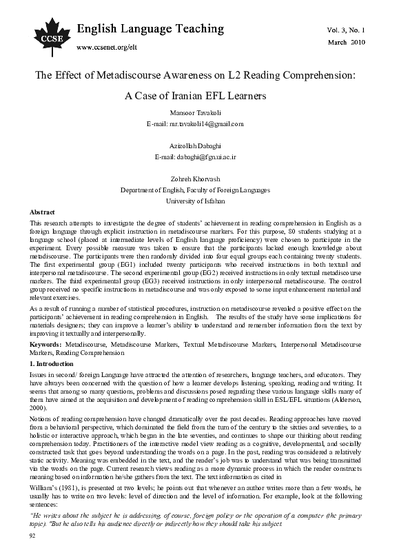 (PDF) The Effect of Metadiscourse Awareness on L2 Reading Comprehension: A Case of Iranian EFL ...