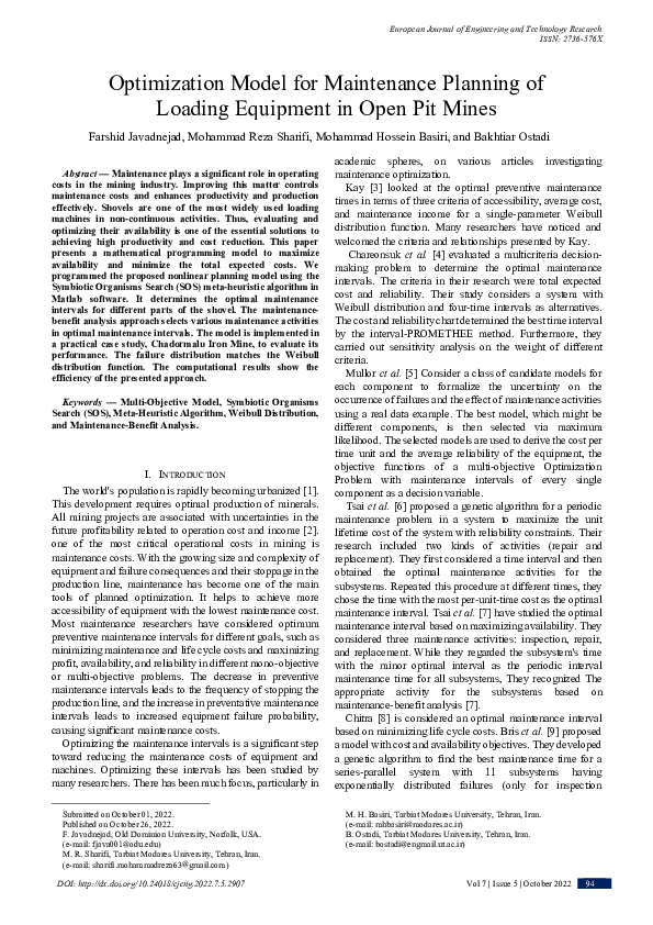(PDF) Optimization Model for Maintenance Planning of Loading Equipment in Open Pit Mines