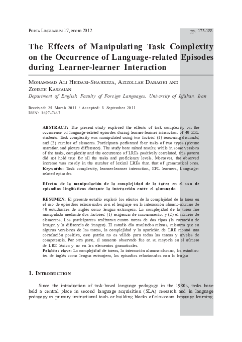 (PDF) The effects of manipulating task complexity on the occurrence of language-related episodes ...