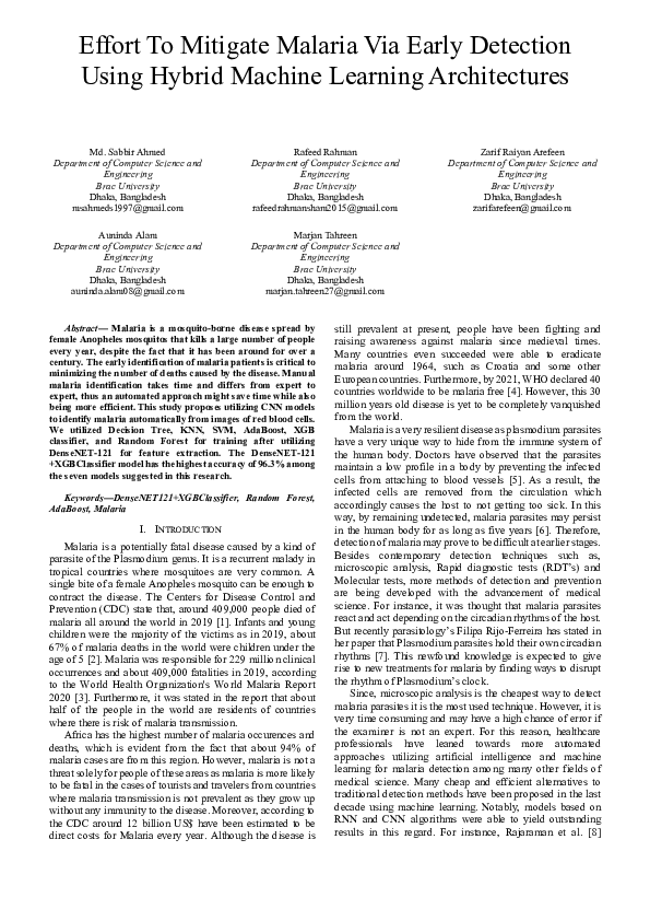 (PDF) Effort To Mitigate Malaria Via Early Detection Using Hybrid Machine Learning Architectures