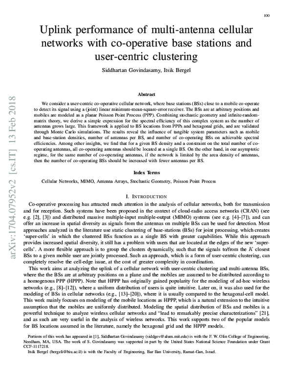 Uplink performance of multi-antenna cellular networks with co-operative base stations and user ...