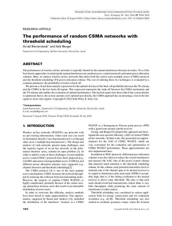 (PDF) The performance of random CSMA networks with threshold scheduling