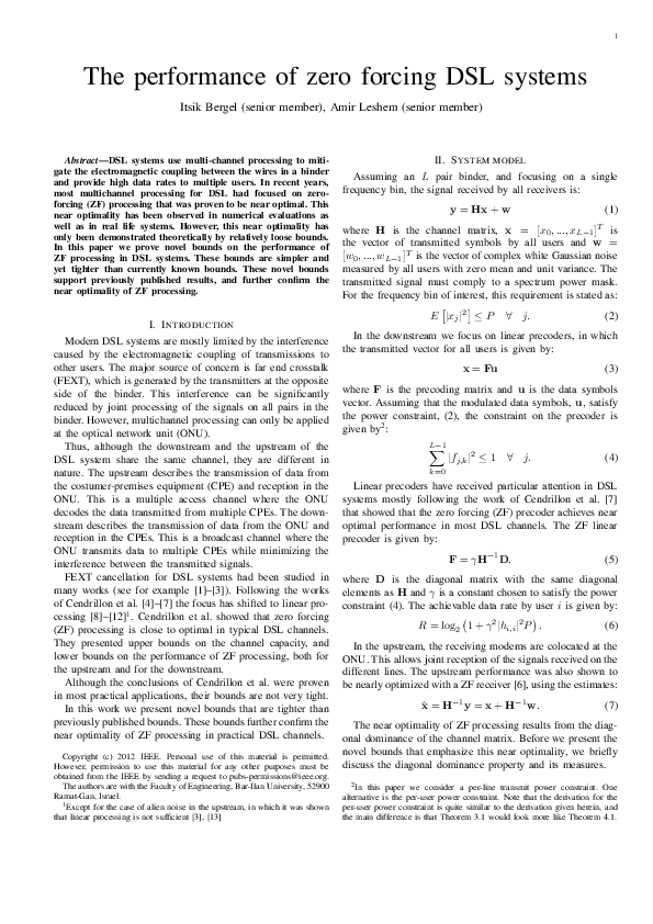 (PDF) The Performance of Zero Forcing DSL Systems