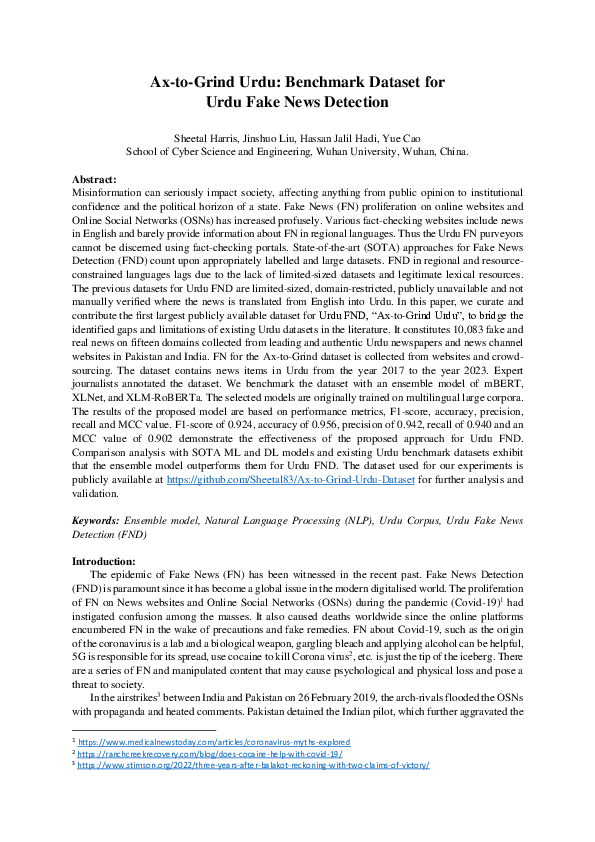 (PDF) Ax-to-Grind Urdu: Benchmark Dataset for Urdu Fake News Detection (PDF) Ax-to-Grind Urdu: Benchmark Dataset for Urdu Fake News Detection