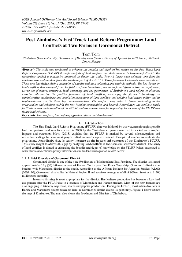 (PDF) Post Zimbabwe’s Fast Track Land Reform Programme: Land Conflicts ...