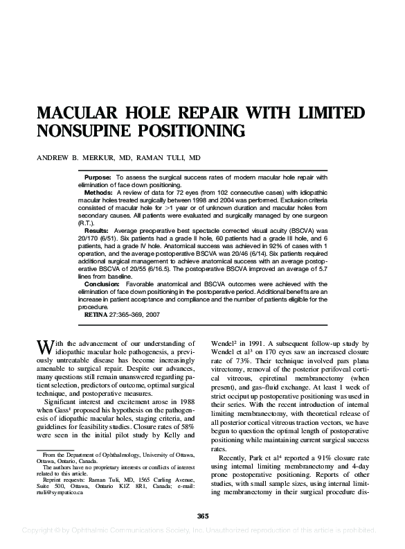(PDF) Macular Hole Repair with Limited Nonsupine Positioning