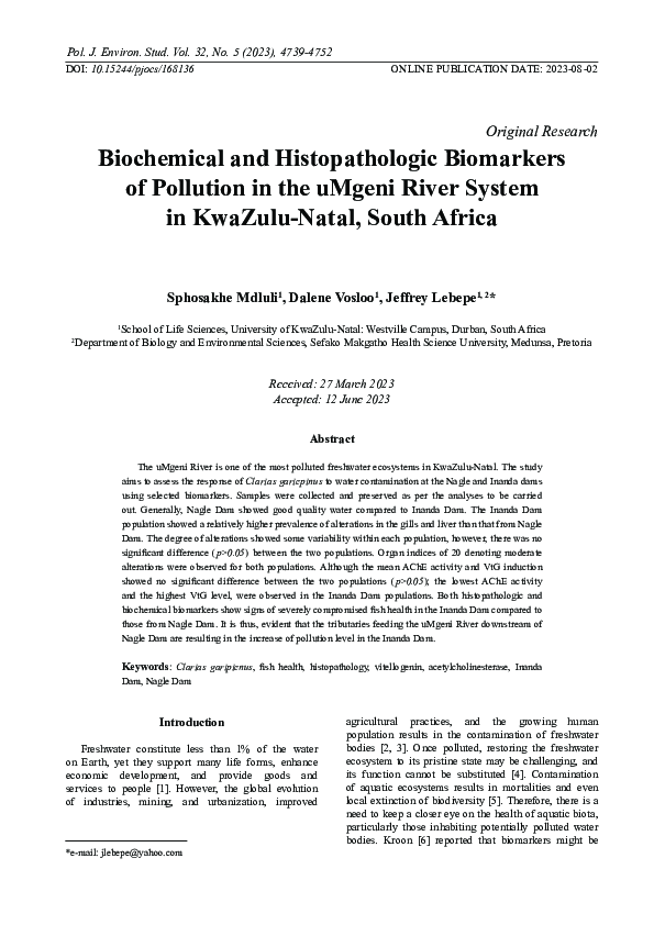 (PDF) Biochemical and Histopathologic Biomarkers of Pollution in the ...