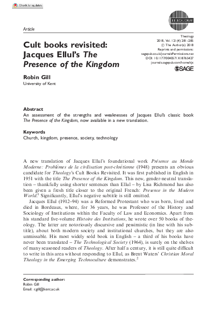 (PDF) Cult books revisited: Jacques Ellul’s The Presence of the Kingdom