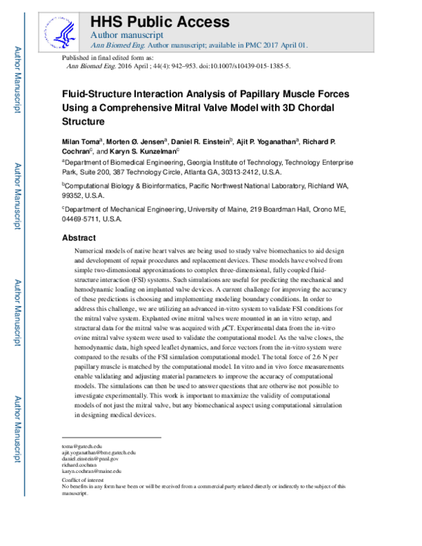 (PDF) Fluid-Structure Interaction Analysis of Papillary Muscle Forces Using a Comprehensive ...