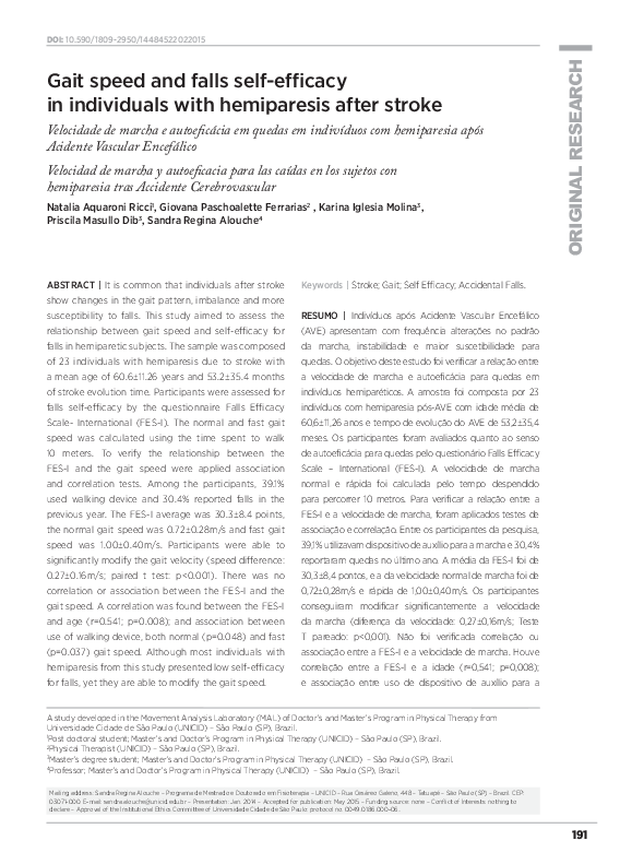 (PDF) Gait speed and falls self-efficacy in individuals with ...