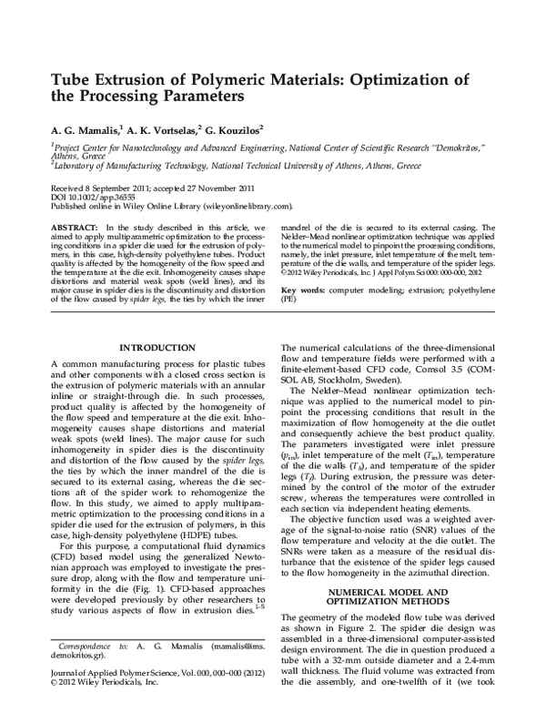 (PDF) Tube extrusion of polymeric materials: Optimization of the processing parameters | Giorgos ...