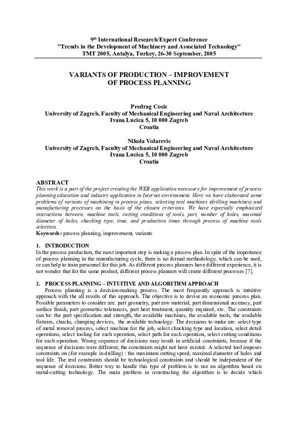 (DOC) Variants of Production : Improvement of Process Planning