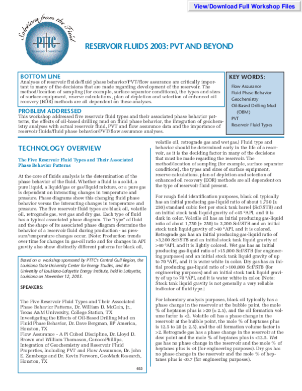 (PDF) Reservoir Fluids 2003 - PVT and Beyond