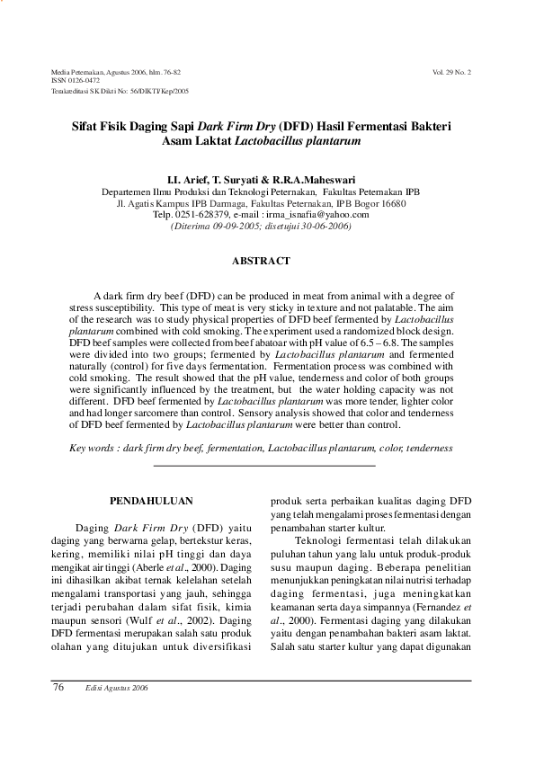 (PDF) Sifat Fisik Daging Sapi Dark Firm Dry (DFD) Hasil Fermentasi ...