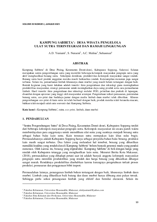 (PDF) Kampung Sabbeta’: Desa Wisata Pengelola Ulat Sutra Terintegrasi ...