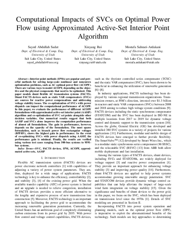 Pdf Computational Impacts Of Svcs On Optimal Power Flow Using Approximated Active Set Interior