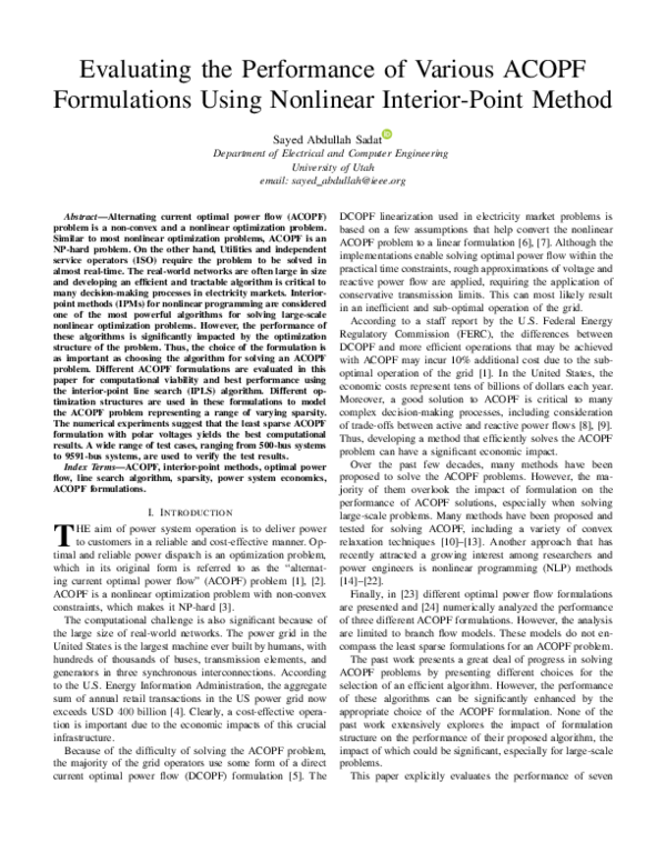 (PDF) Evaluating the Performance of Various ACOPF Formulations Using Nonlinear Interior-Point Method
