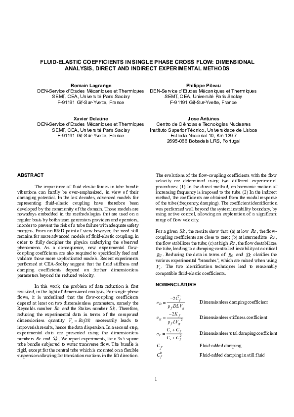 (PDF) Fluid-Elastic Coefficients in Single Phase Cross Flow: Dimensional Analysis, Direct and ...