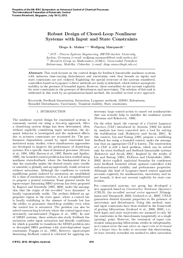 (PDF) Robust Design of Closed-Loop Nonlinear Systems with Input and State Constraints