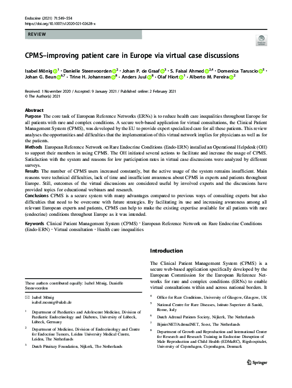 (PDF) CPMS–improving patient care in Europe via virtual case discussions | Domenica Taruscio ...
