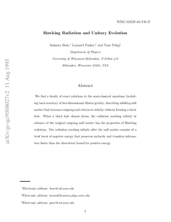 (PDF) Hawking Radiation and Unitary Evolution